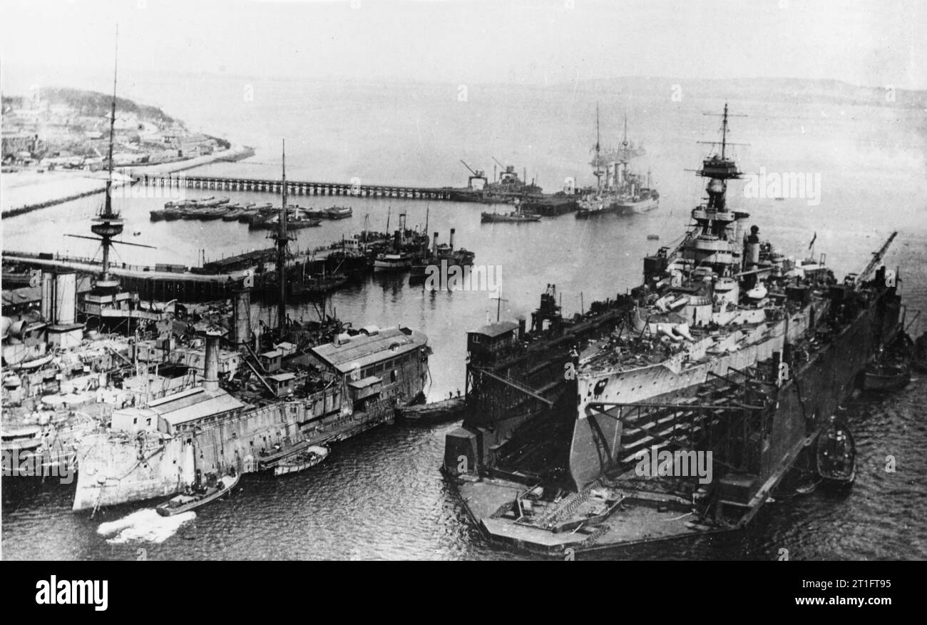 The British battleship HMS Erin in a floating dry dock, circa in 1918 ...