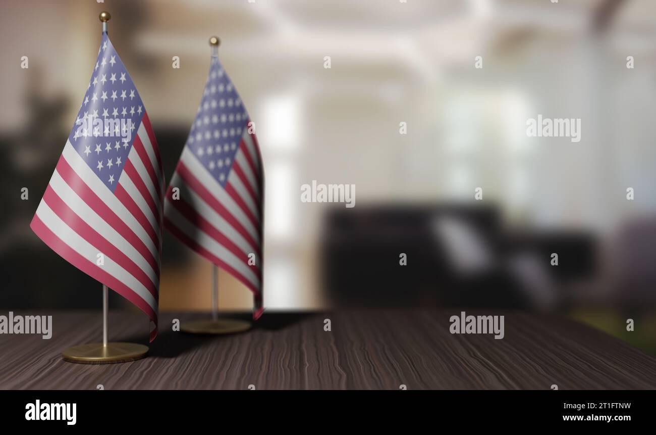 Small flags of the United States stand on the table. With meeting room ...