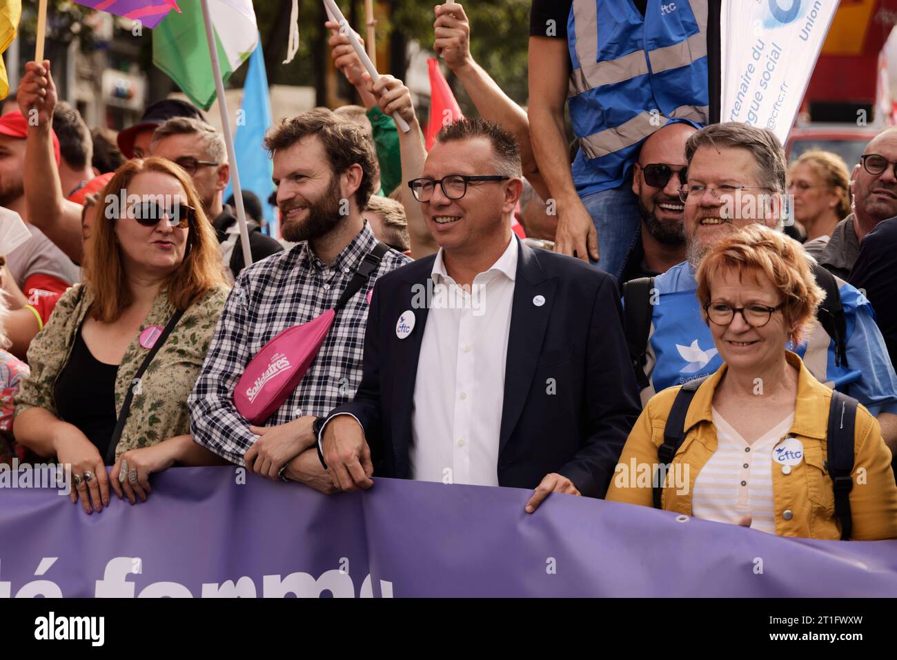 Paris, France. 13th Oct, 2023. Murielle Guilbert (Solidaires) and Cyril ...
