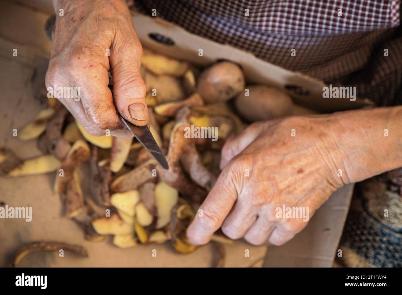 Elderly woman's hands doing domestic work of peeling potatoes. Aged ...