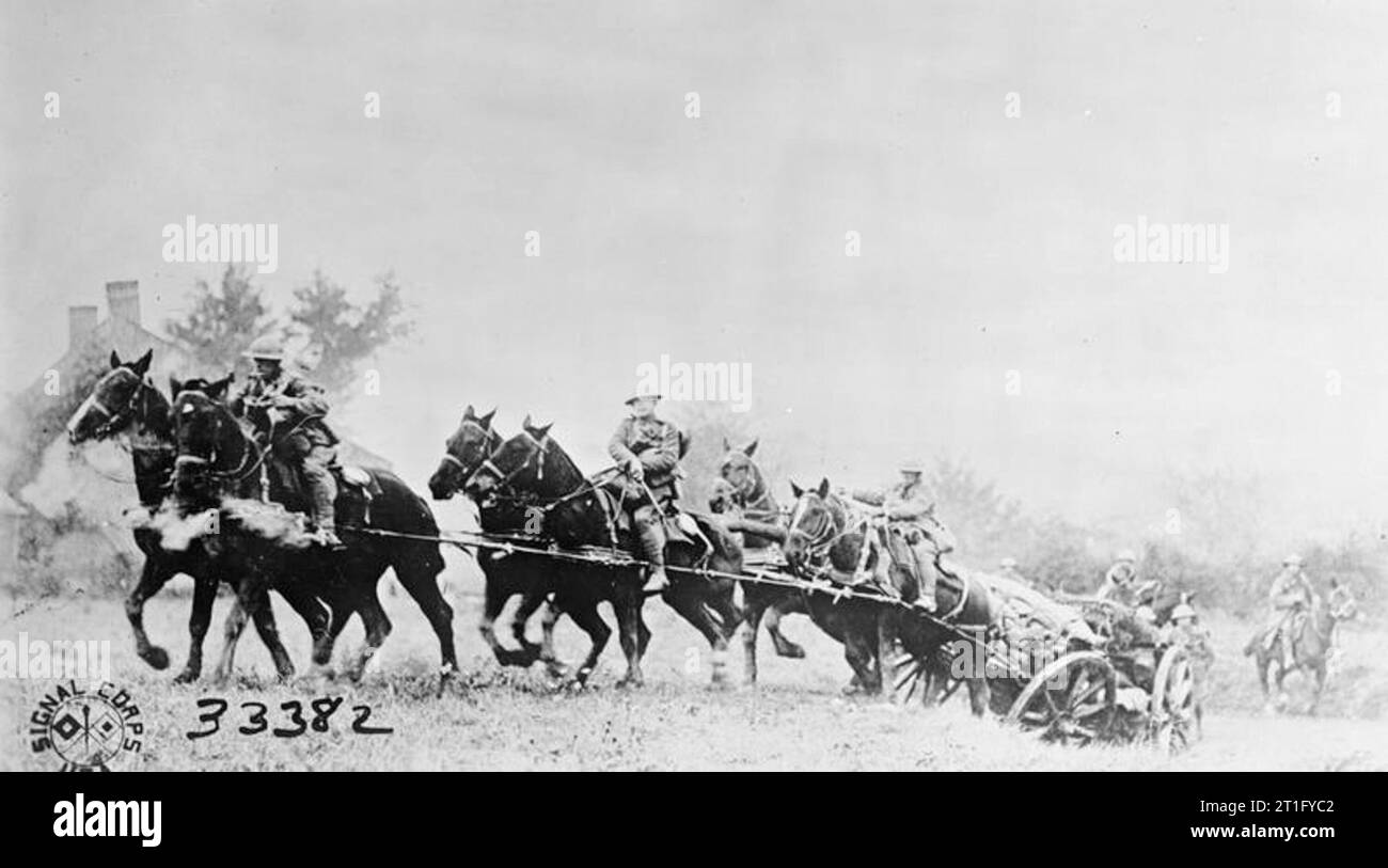 British Field Artillery galloping into action, Audigny Stock Photo - Alamy