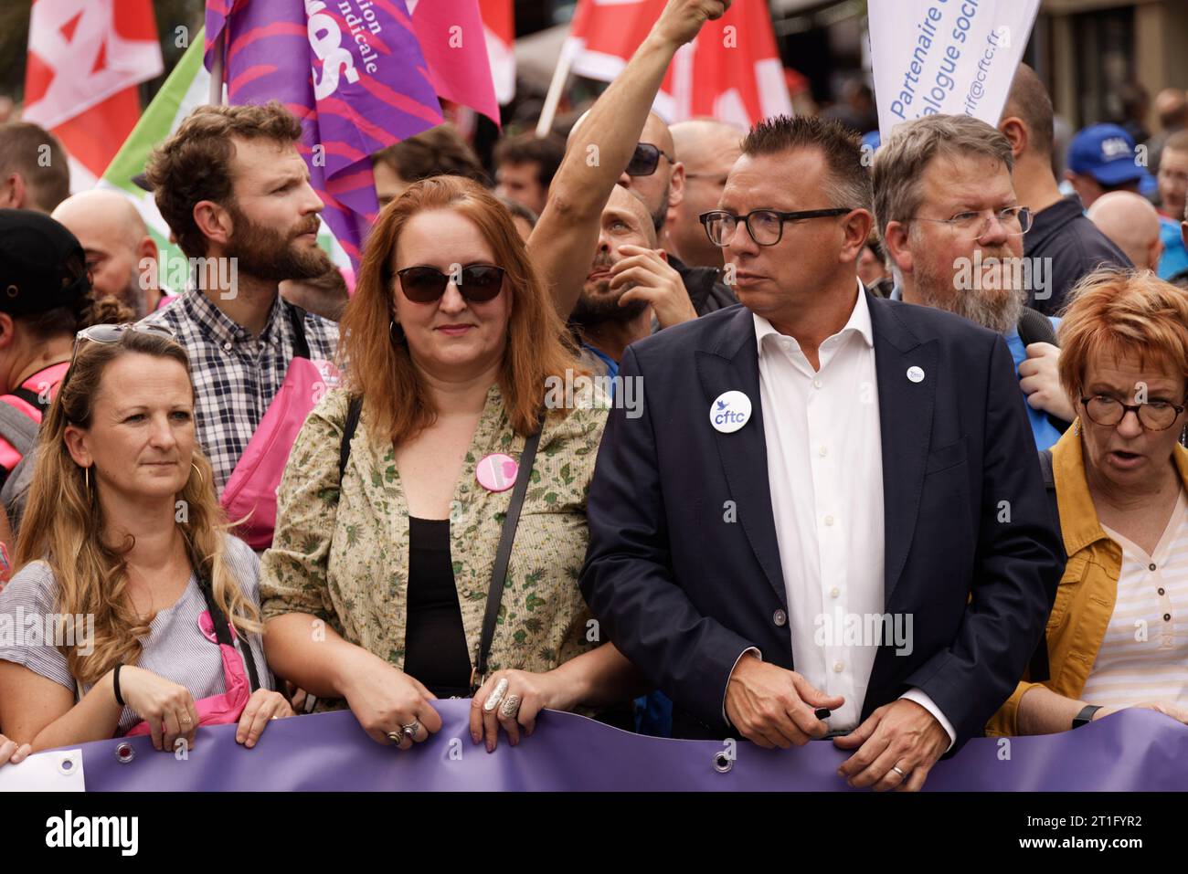 Paris, France. 13th Oct, 2023. Murielle Guilbert (Solidaires) and Cyril ...