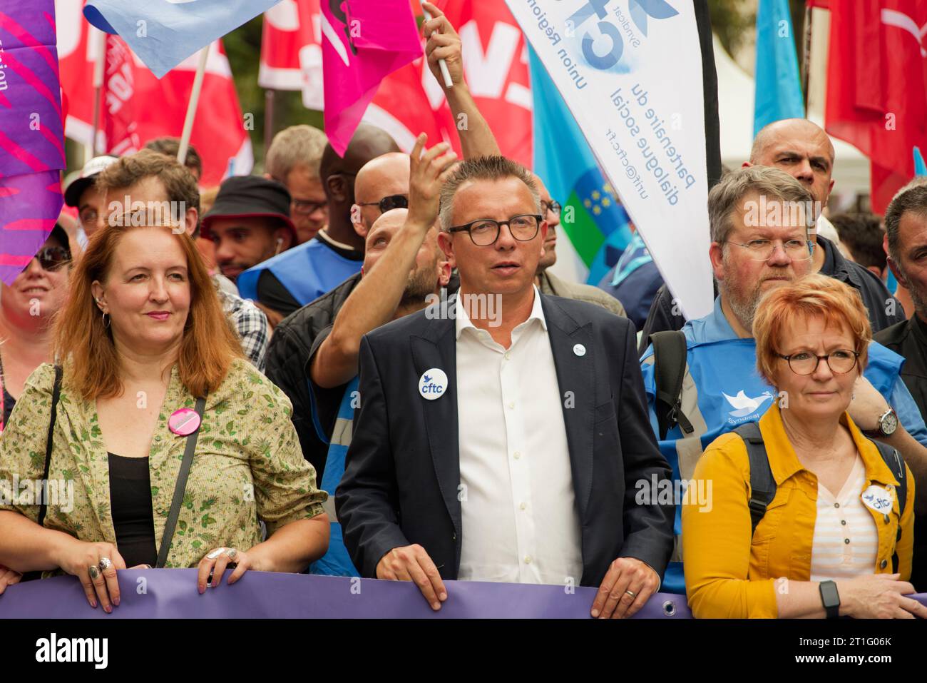 Paris, France. 13th Oct, 2023. Murielle Guilbert (Solidaires) and Cyril ...