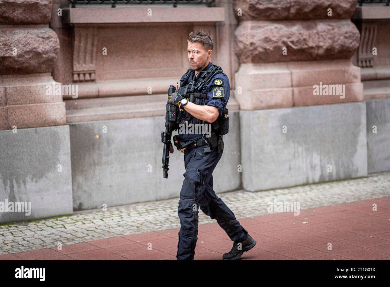 Stockholm, Sweden. 13th Oct, 2023. Armed Police Presence Intensifies in Stockholm's Streets ...