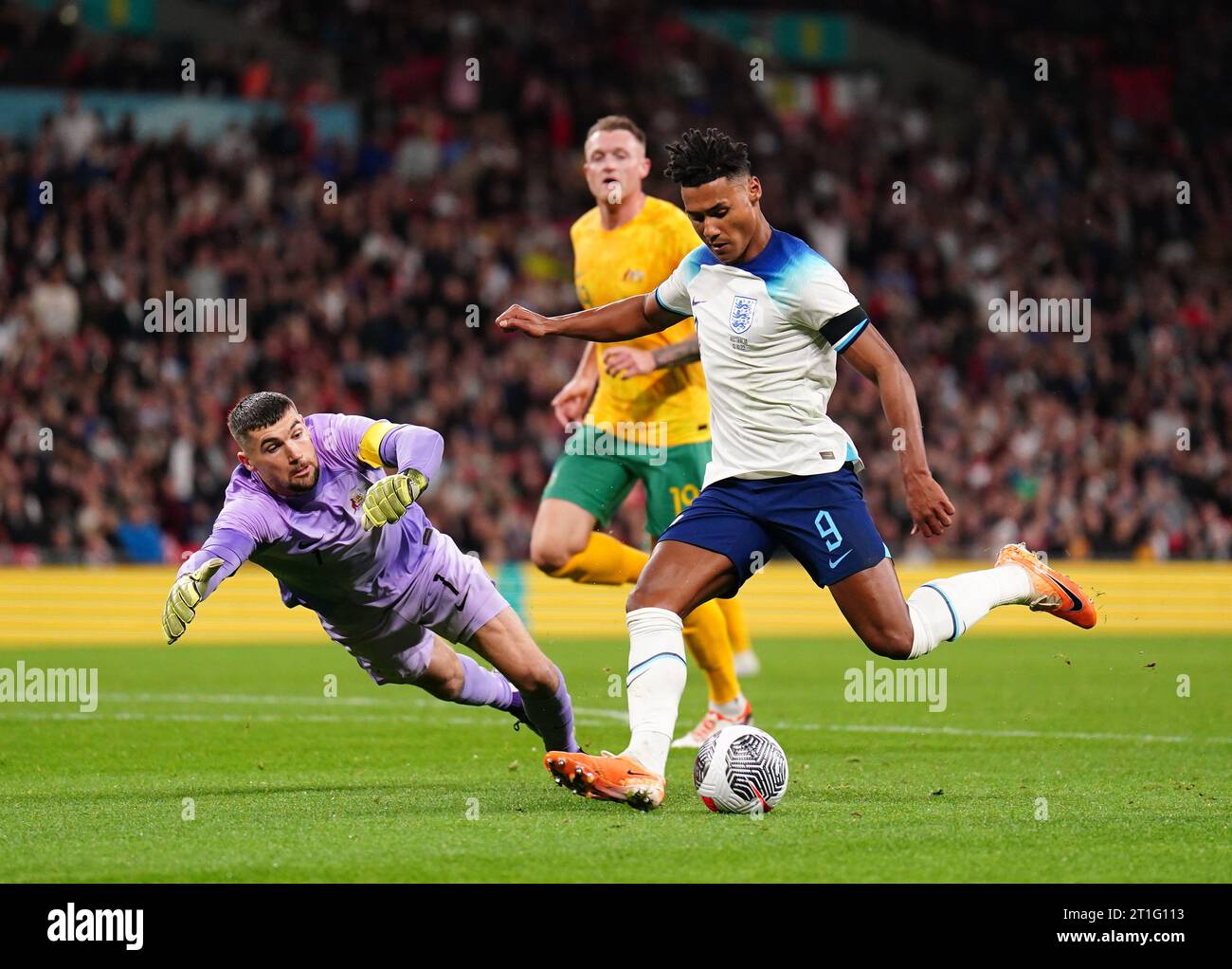 England's Ollie Watkins attempts a shot on goal during the ...