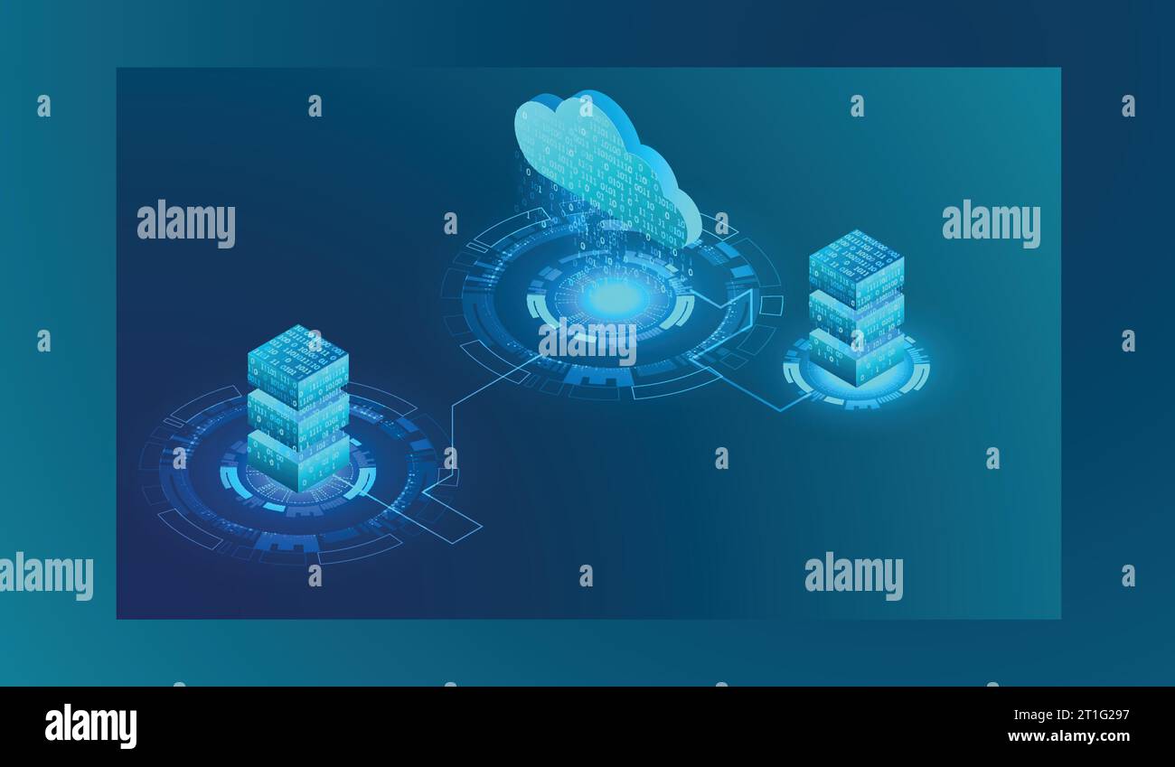 Isometric big data flow processing concept, cloud database. Abstract technology background ...