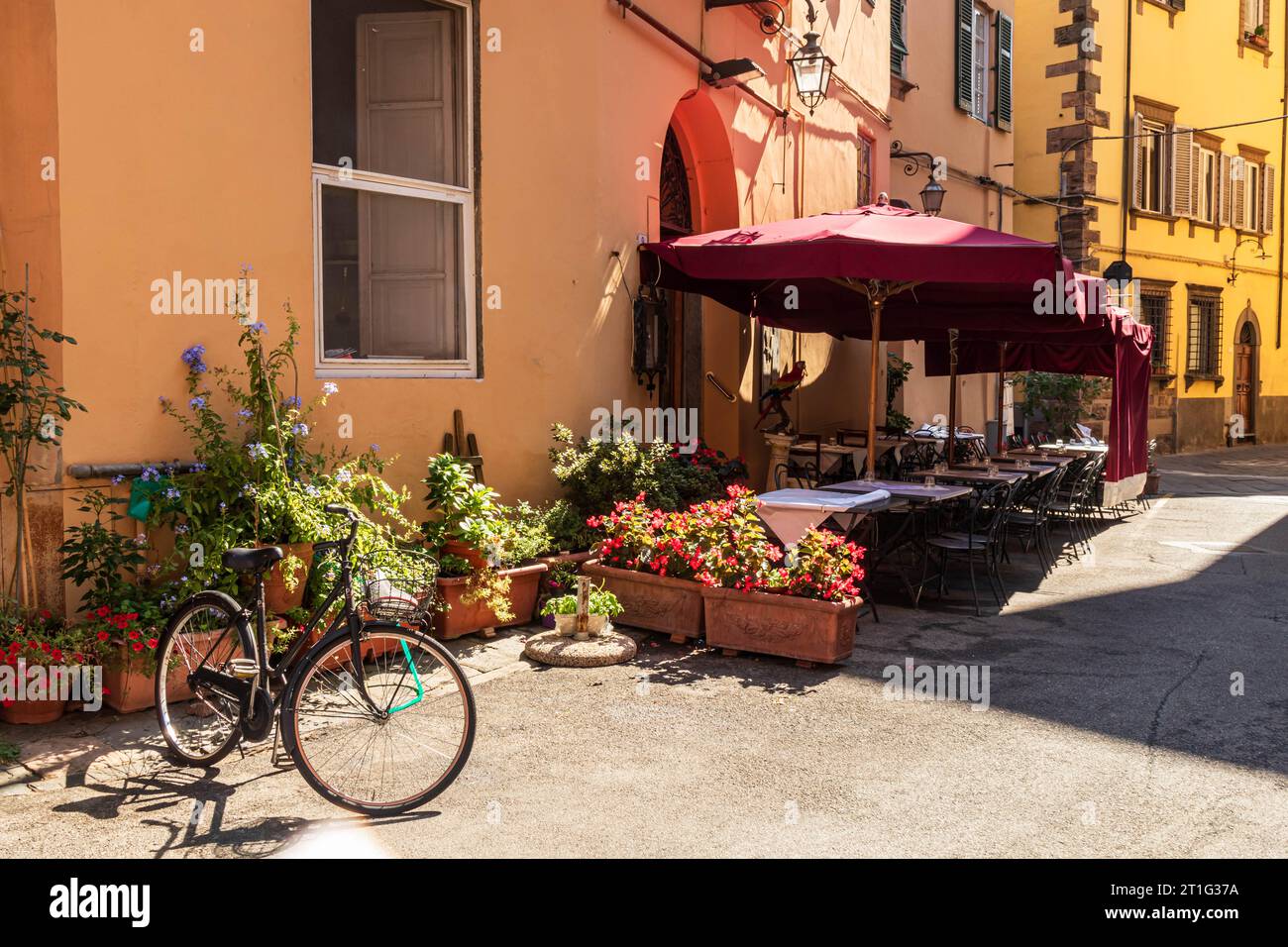 Street scene in Lucca, Tuscany, with sidewalk cafe, colorful buildings ...