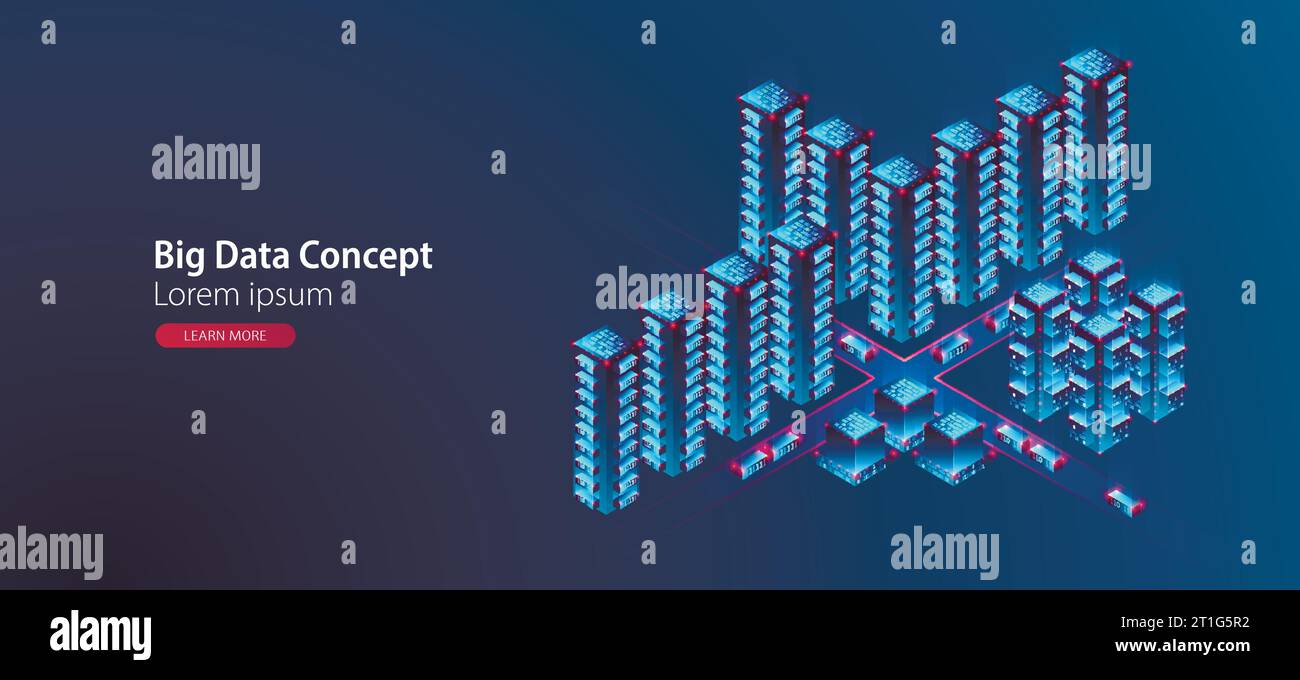 Smart city. Isometric big data concept, database. Abstract technology background. Vector ...