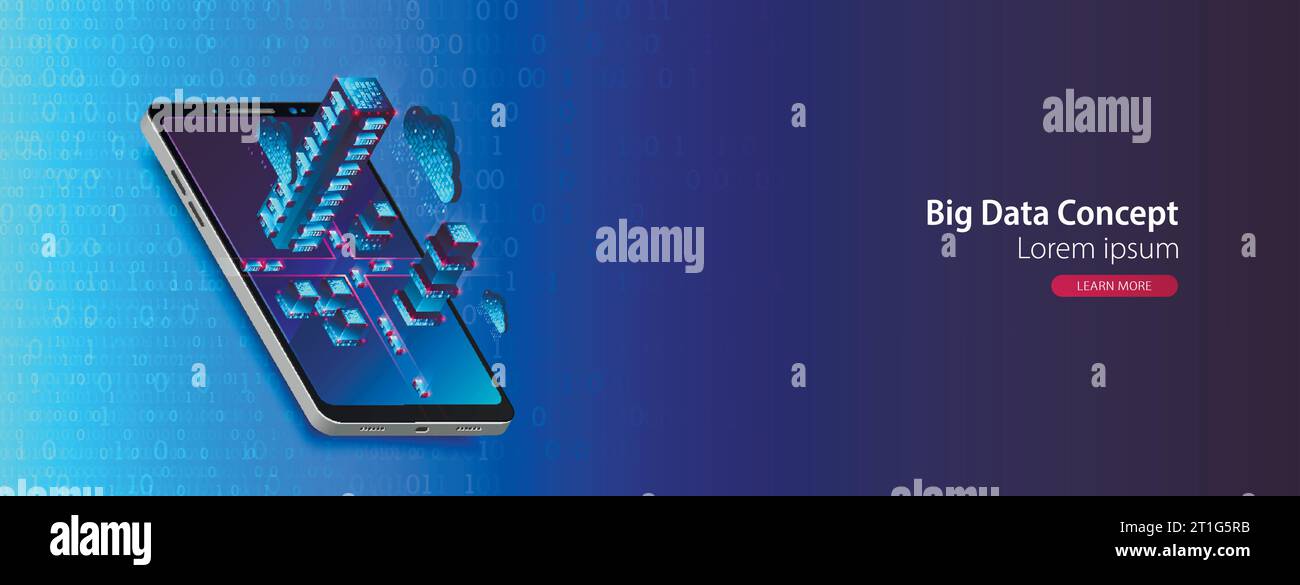 Isometric mobile phone. Вig data flow processing concept, cloud ...