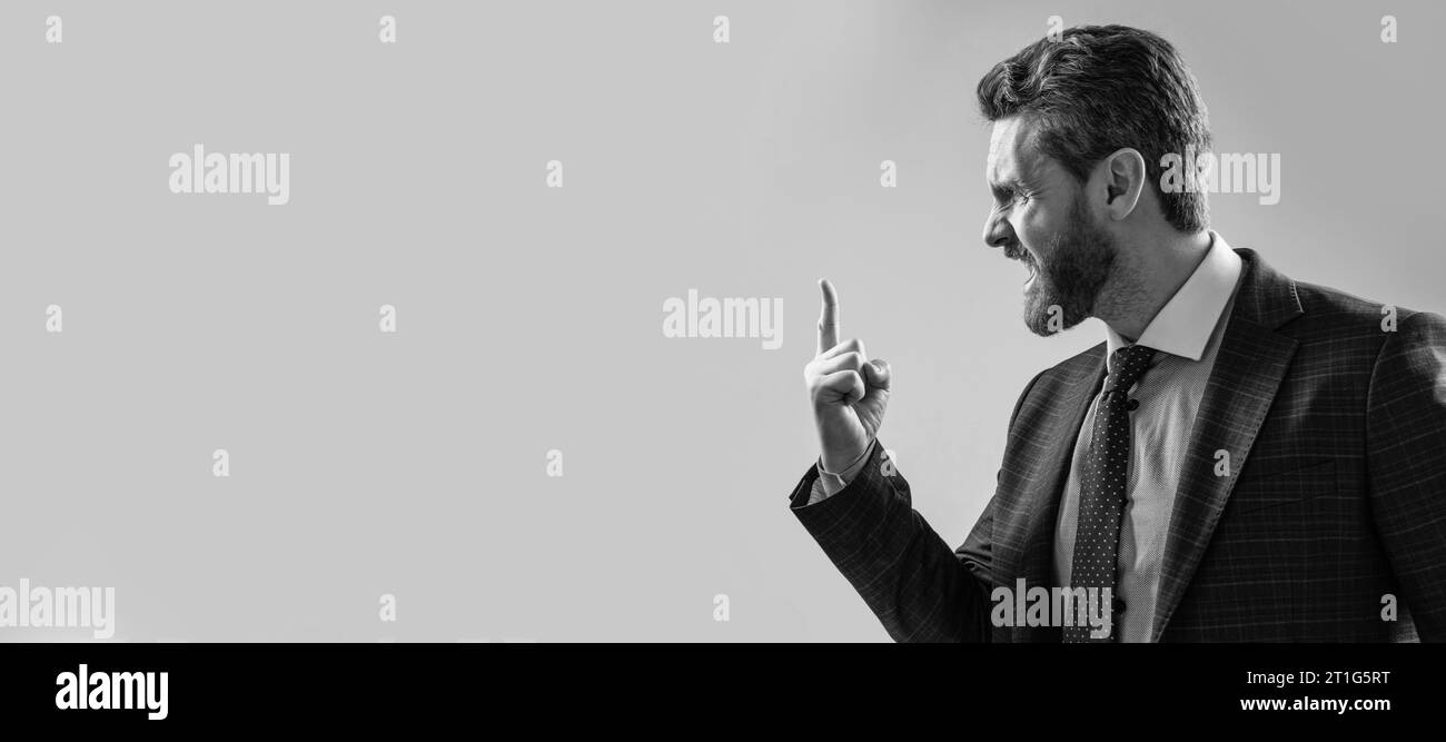 Man face portrait, banner with copy space. aggressive businessmeeting ...