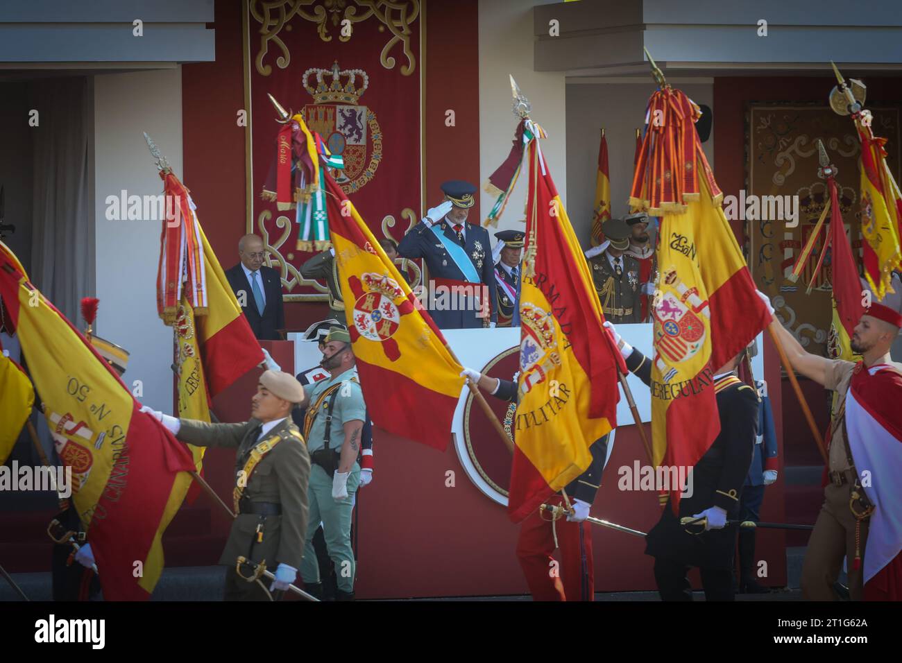 Madrid, Spain. 12th Oct, 2023. A group of soldiers parade with Spanish ...