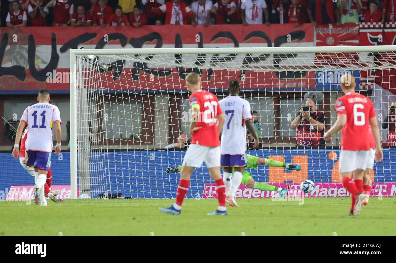 Vienna, Austria. 13th Oct, 2023. Austria's Marcel Sabitzer scores from ...