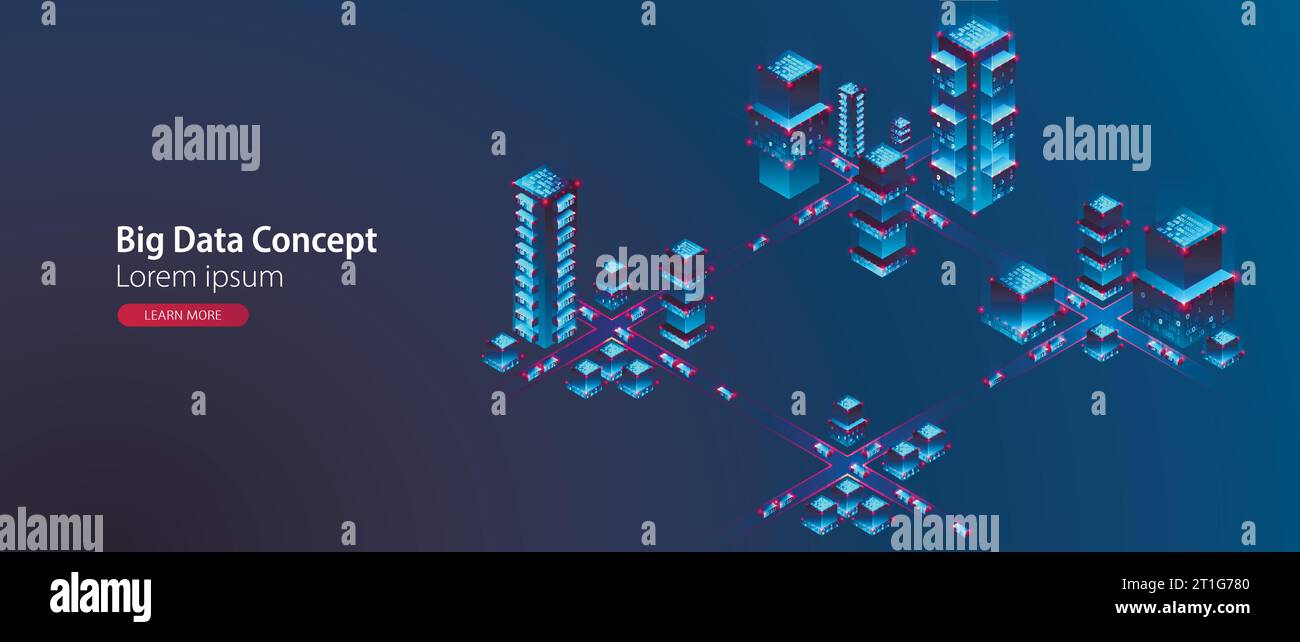 Smart city. Isometric big data concept, database. Abstract technology background. Vector ...