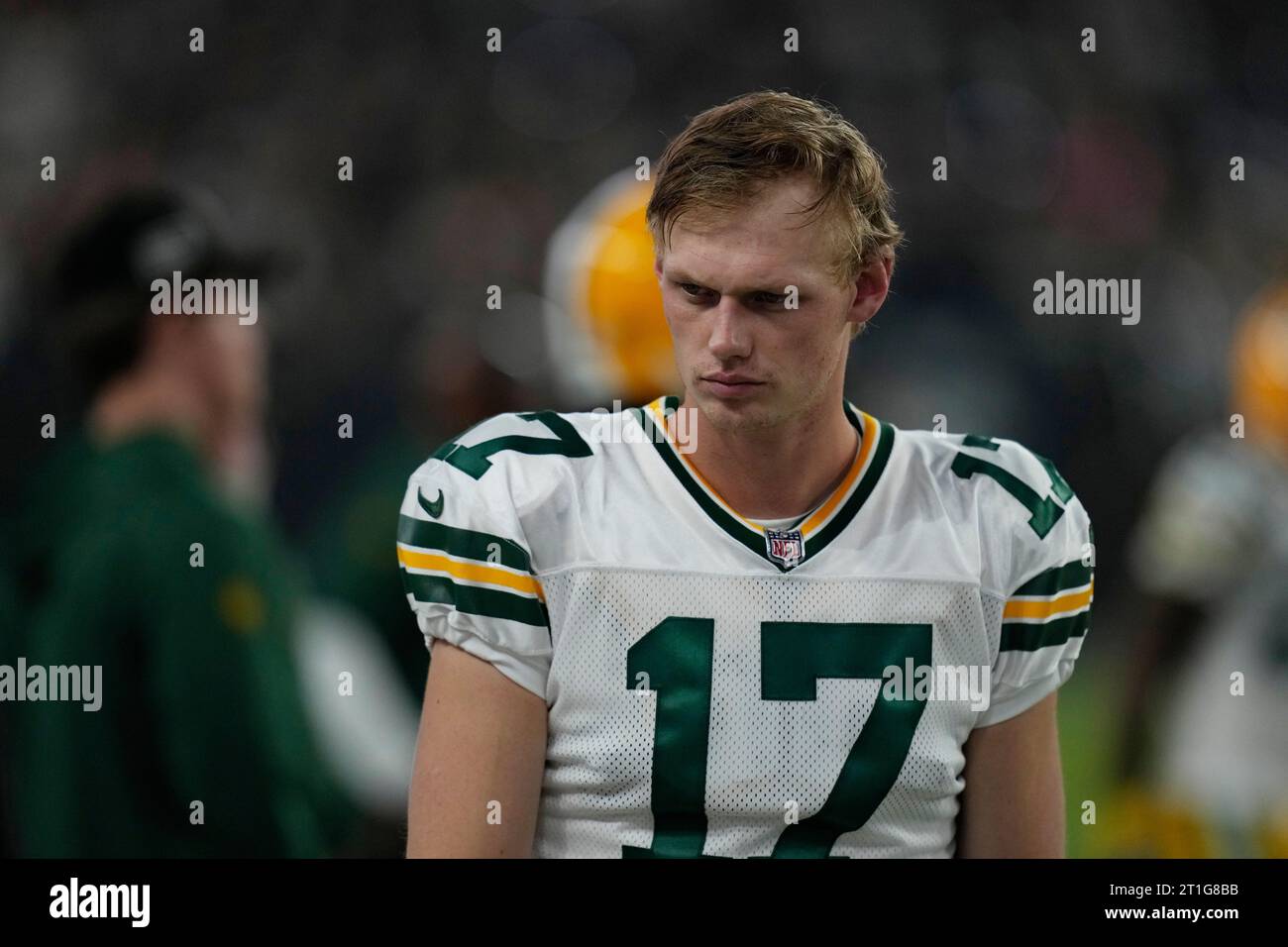 Green Bay Packers place kicker Anders Carlson (17) stands on the ...