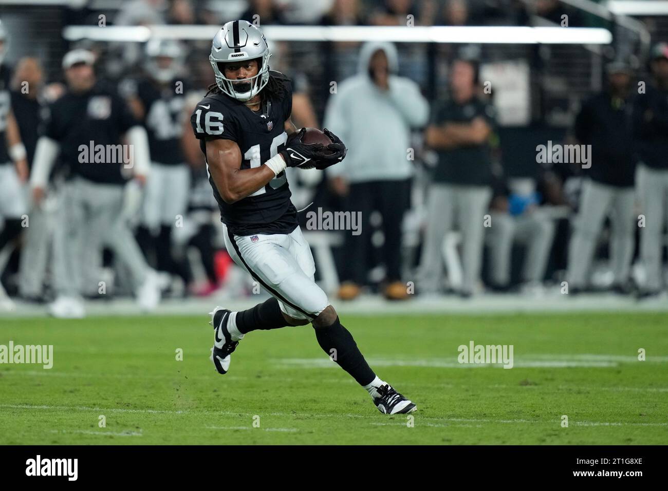 Las Vegas Raiders wide receiver Jakobi Meyers (16) plays against the Green Bay Packers during an ...