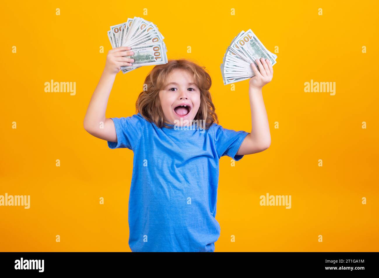 Money win, big luck. Child with lots of money dollar banknotes isolated ...