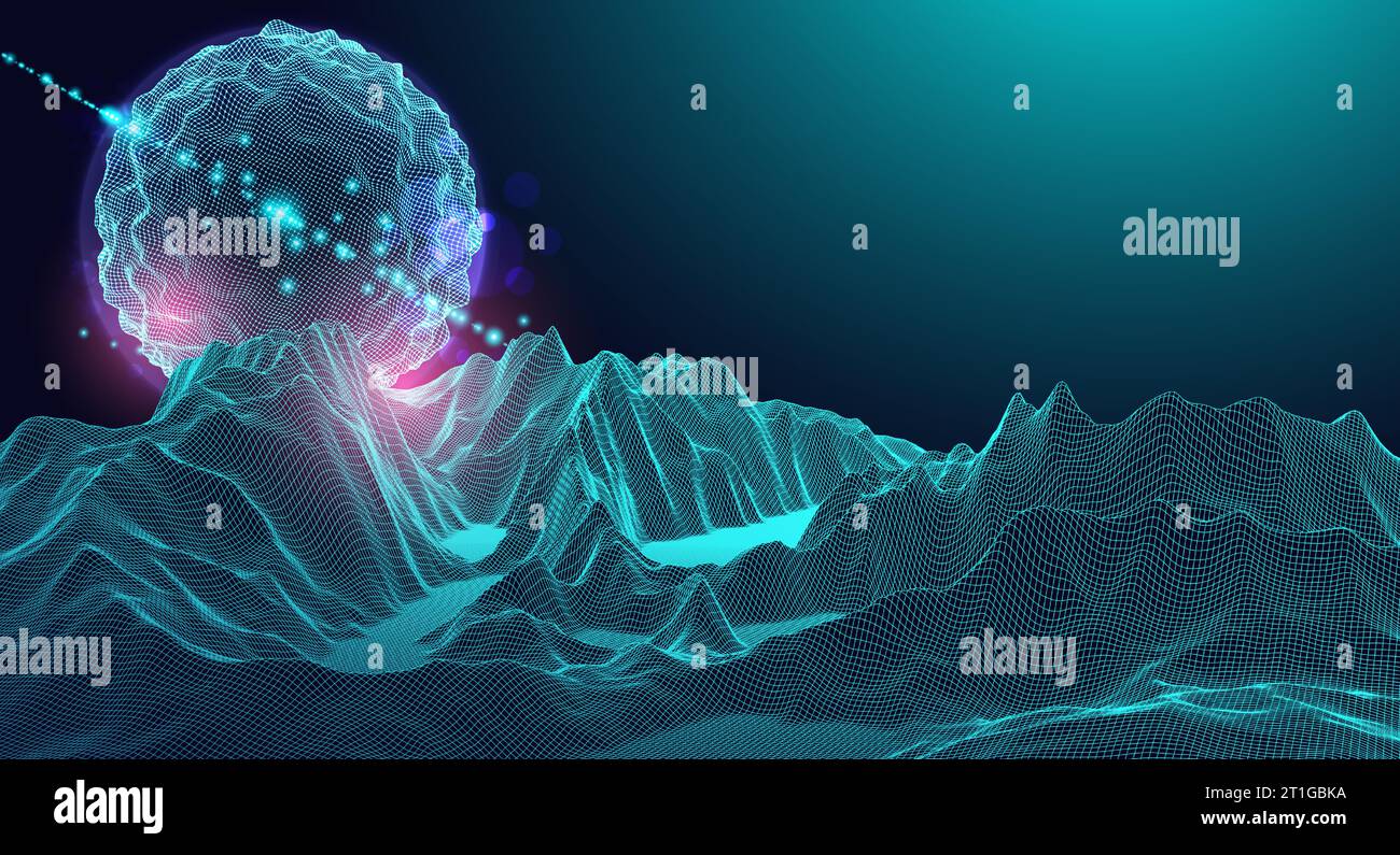 Abstract sphere. Wireframe landscape background. Futuristic vector ...