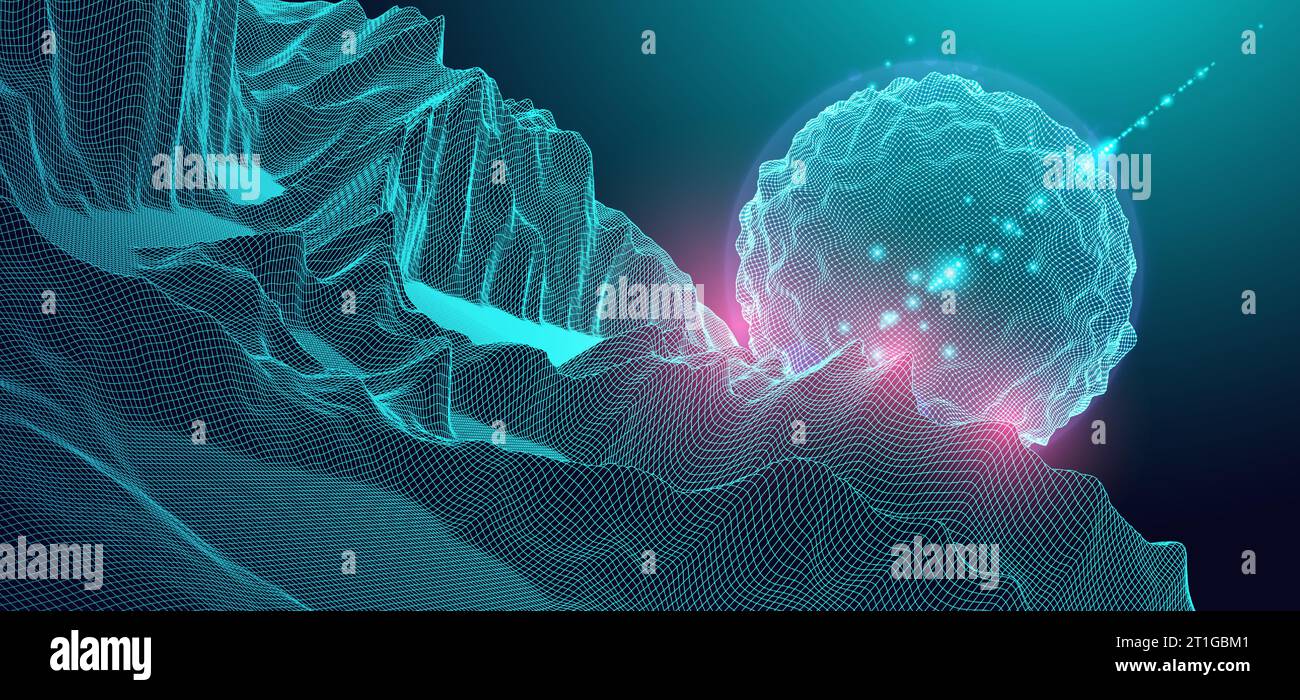 Abstract sphere. Wireframe landscape background. Futuristic vector ...