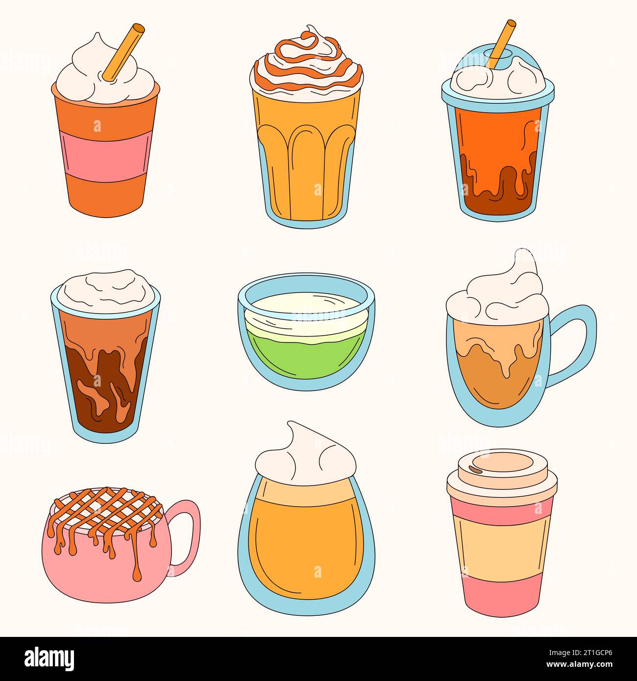 Collection of coffee cups in doodle style. Set of cartoon mugs with ...