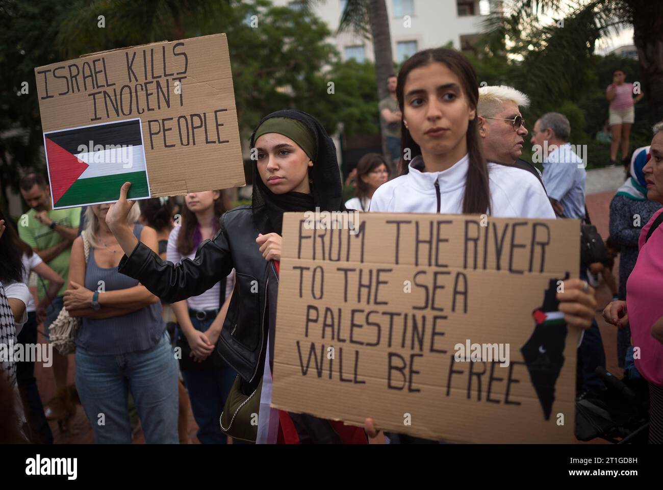 Protesters are seen holding placards in support of Palestine as they ...