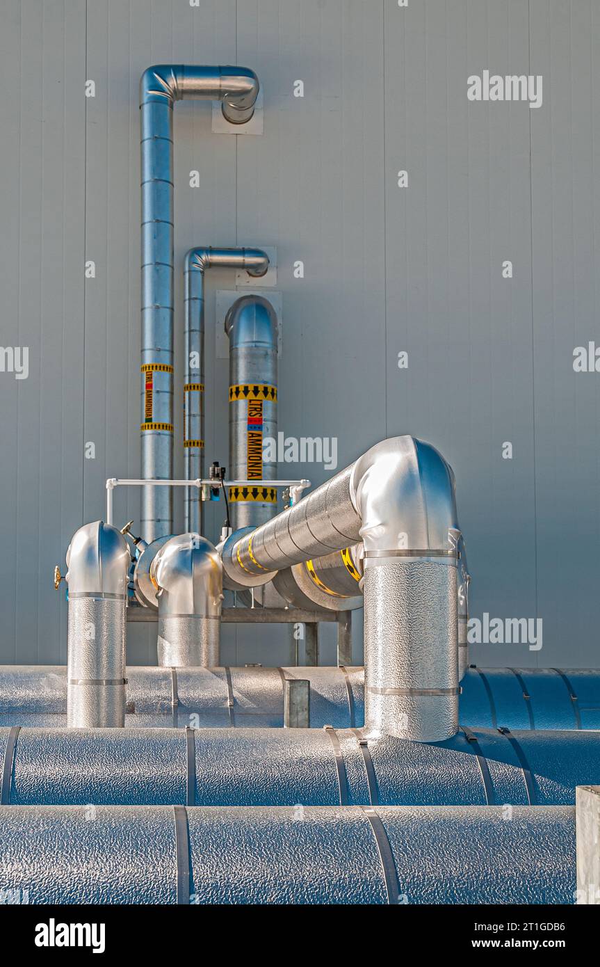 Reflective metallic insulated piping on the roof of a cold-storage ...