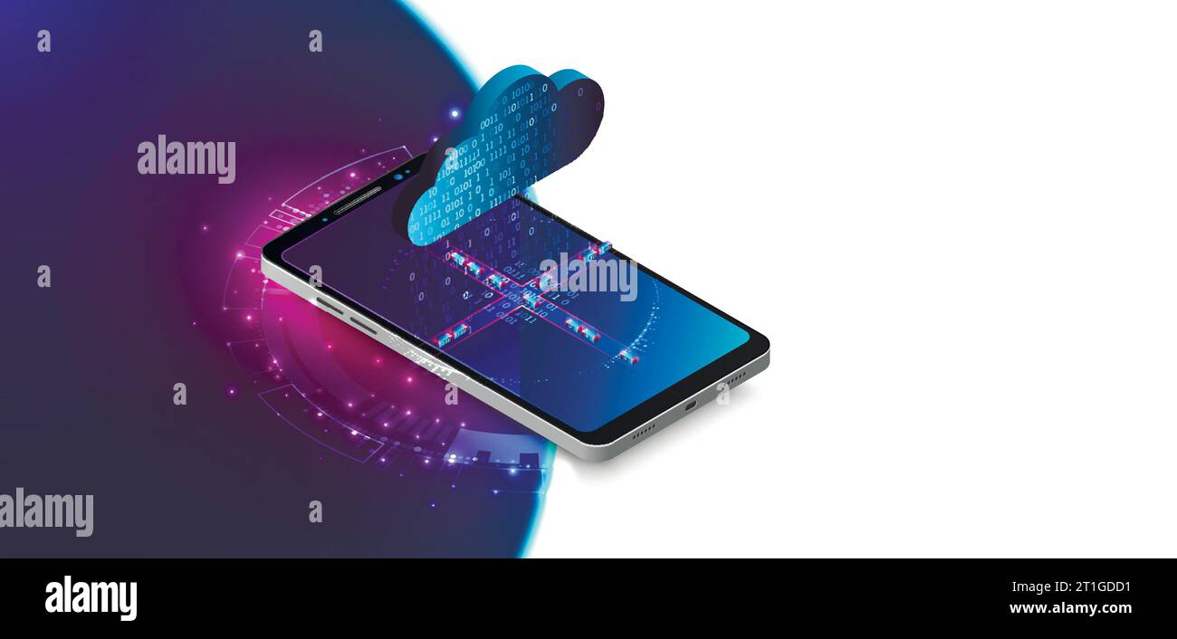 Isometric mobile phone. Вig data flow processing concept, cloud ...