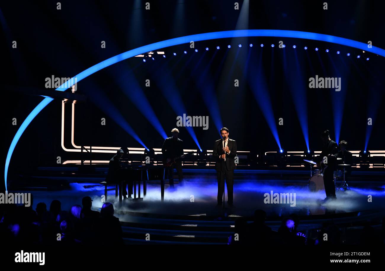 Leipzig, Germany. 13th Oct, 2023. Singer Matteo Bocelli sings at the ...