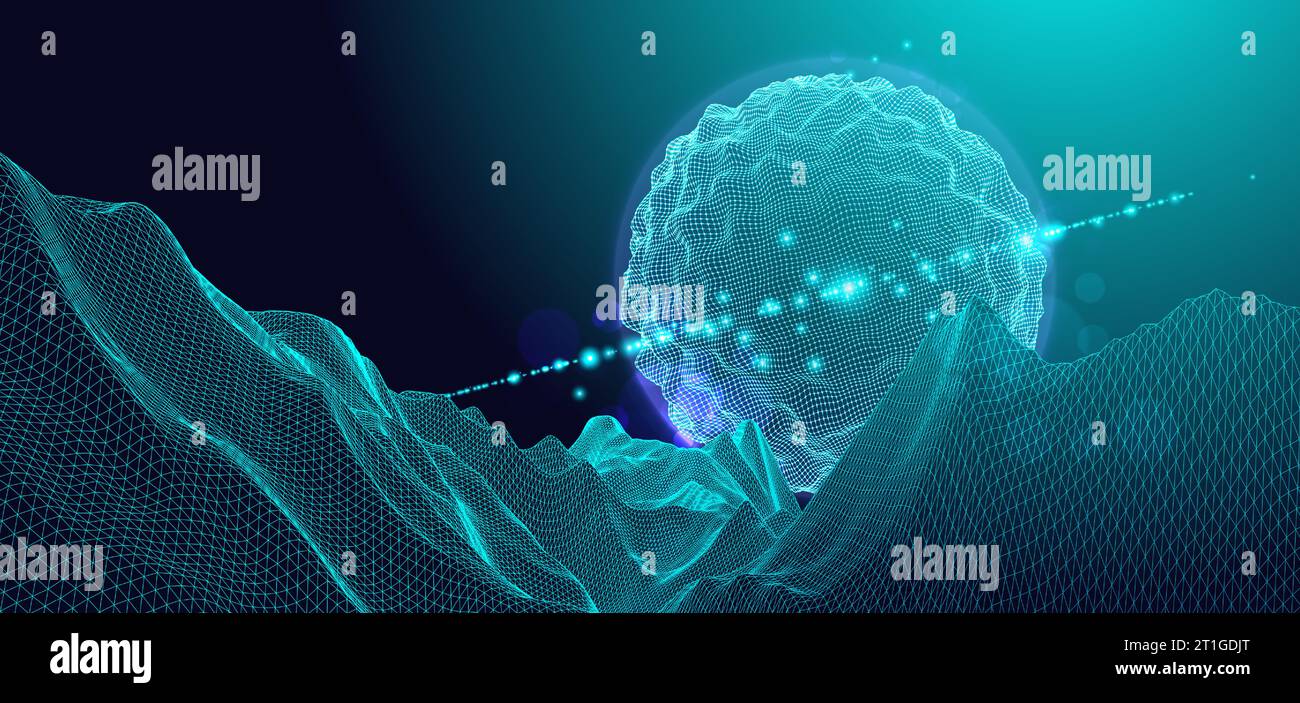 Abstract sphere. Wireframe landscape background. Futuristic vector ...