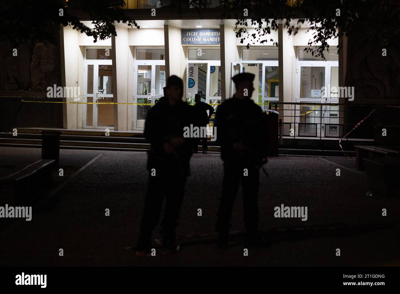 Arras, France. 13th Oct, 2023. French police officers stand in front of ...