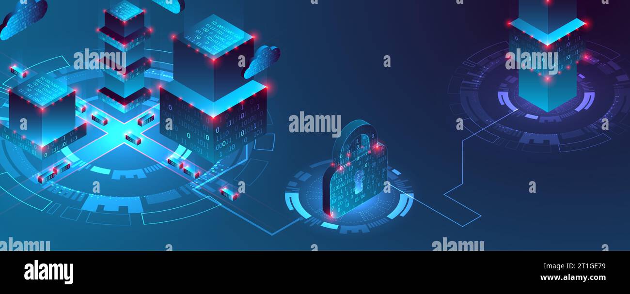 Isometric big data flow processing concept, cloud database. Abstract technology background ...