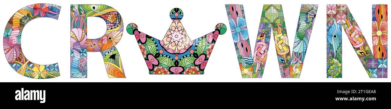 Hand-painted art design. Hand drawn illustration word CROWN for t-shirt ...