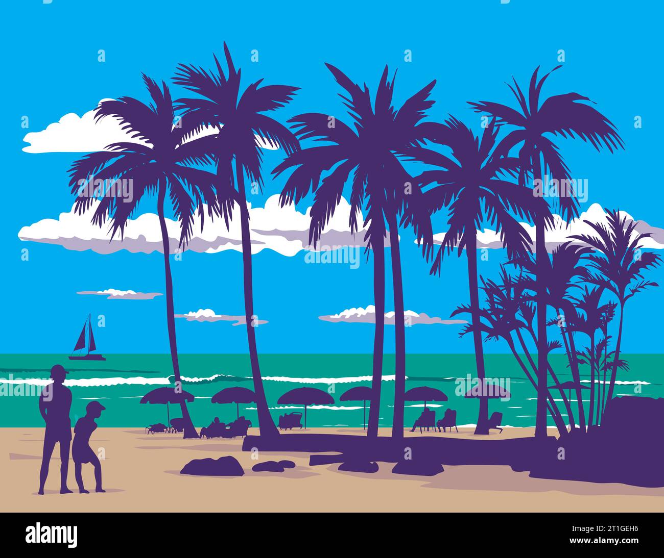 WPA poster art of Waikiki beach in Honolulu County in the island of ...