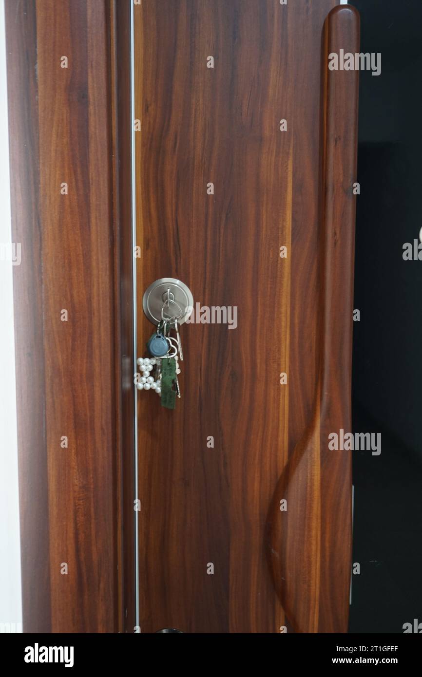 The keychain on the door. The key installed in the outer door. keys in ...