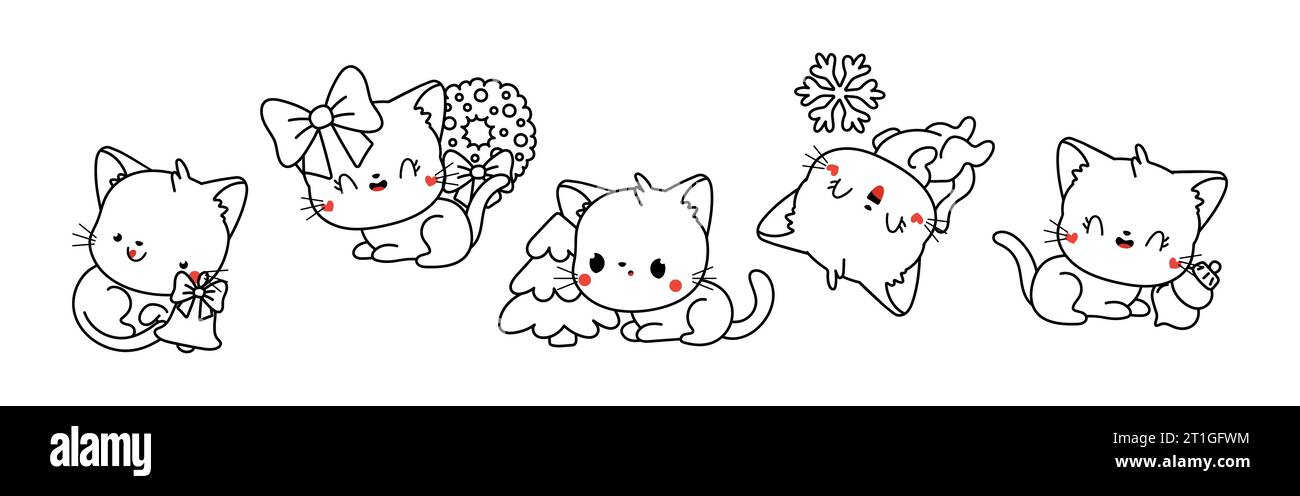 Collection of Vector Christmas Cat Outline. Set of Isolated Xmas Kitty ...