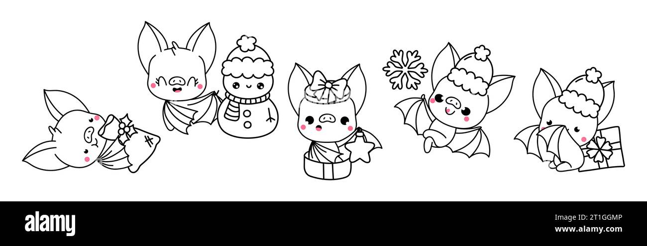 Set of Kawaii Christmas Bat Coloring Page. Collection of Cute Vector ...