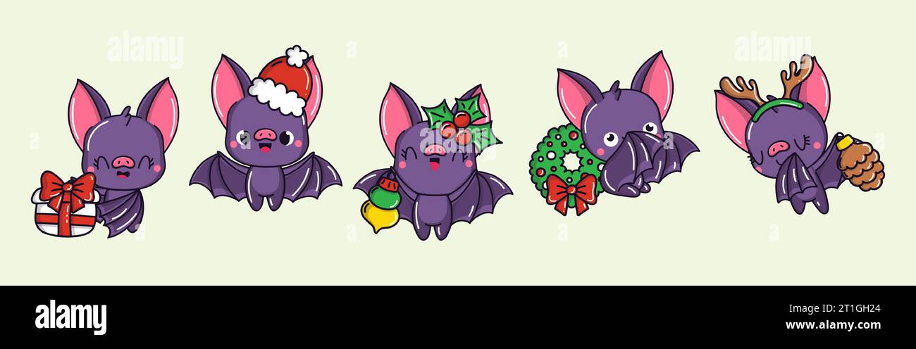 Set of Kawaii Christmas Bat Vector. Collection of Vector Xmas Animals ...