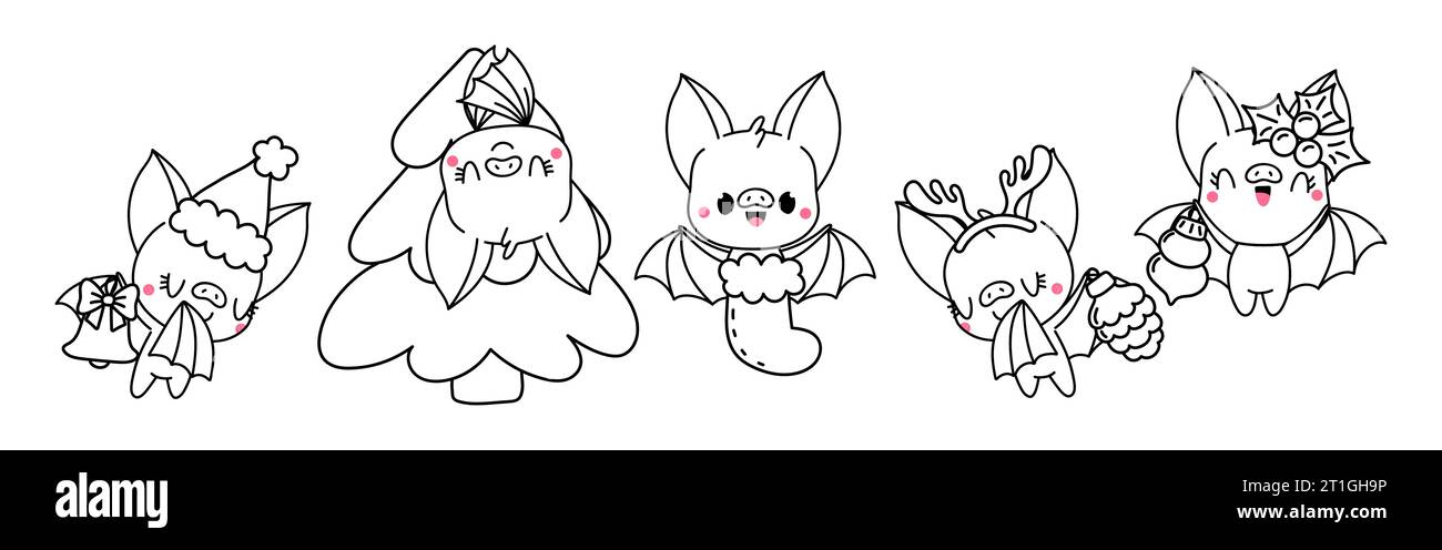 Set of Vector Christmas Bat Coloring Page. Collection of Kawaii ...