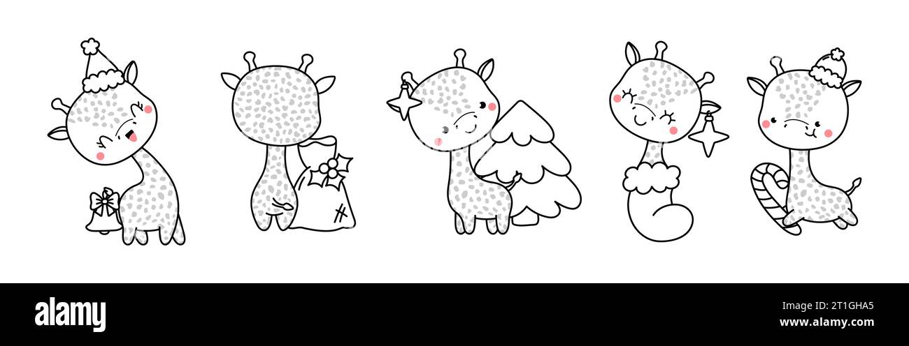 Set of Vector Christmas Giraffe Coloring Page. Collection of Kawaii ...