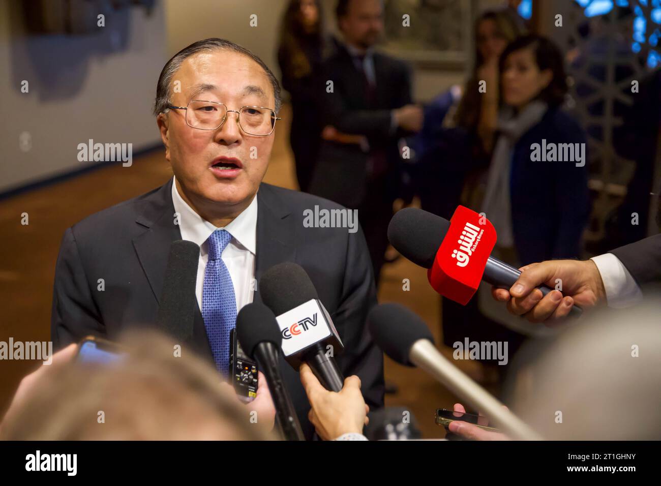 Chinese Ambassador to the United Nations Zhang Jun speaks to press ...