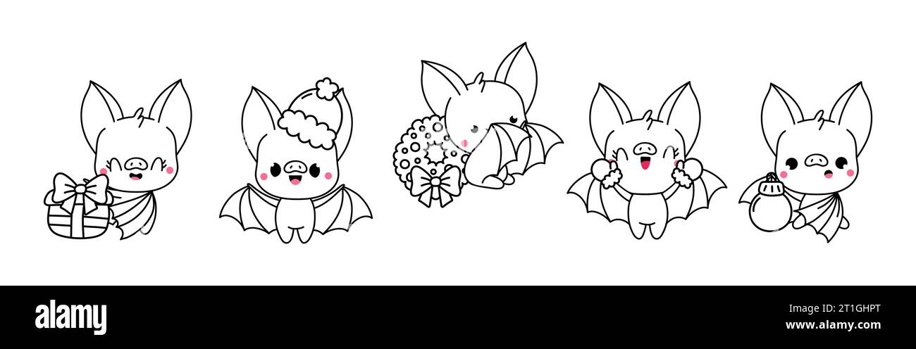 Set of Kawaii Christmas Bat Coloring Page. Collection of Cute Vector ...