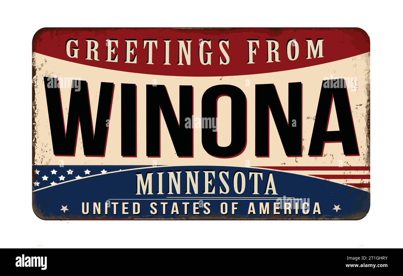 Greetings from Winona vintage rusty metal sign on a white background ...