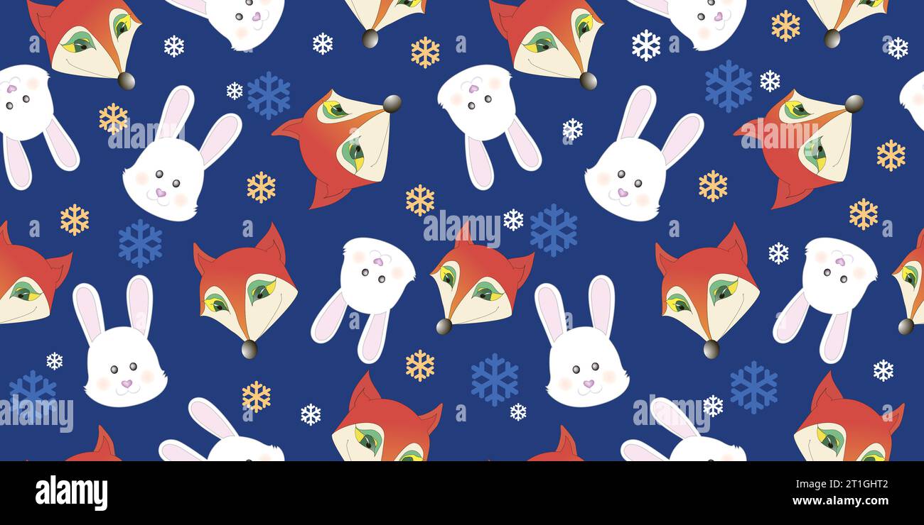 Cartoon Christmas pattern with cute fox and rabbits, fairy tail ...