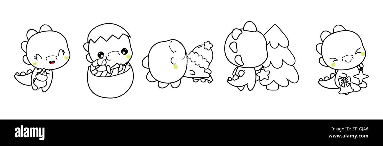Set of Kawaii Christmas Dino Coloring Page. Collection of Cute Vector ...