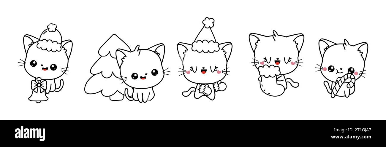 Collection of Vector Christmas Cat Outline. Set of Isolated Xmas Animal ...