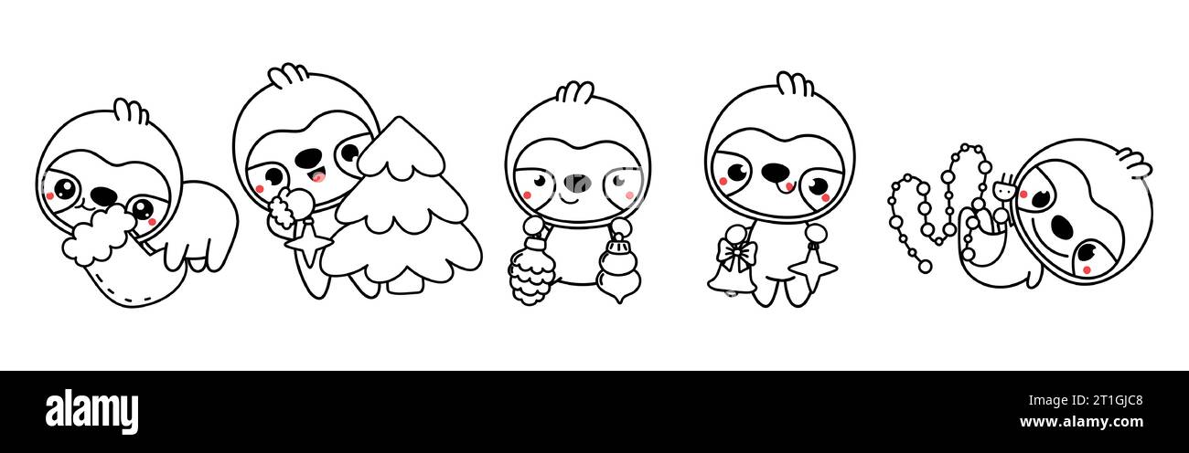 Collection of Vector Christmas Sloth Outline. Set of Isolated Xmas ...