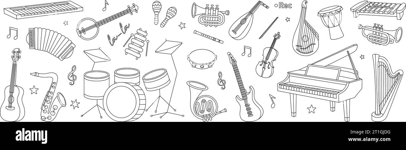 Musical instruments sketch set. Musical school horizontal illustration ...