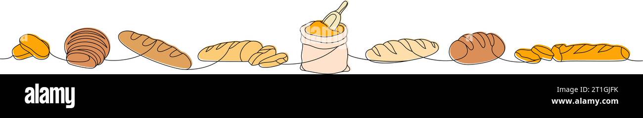 Set of fresh breads one line colored continuous drawing. Bakery pastry ...