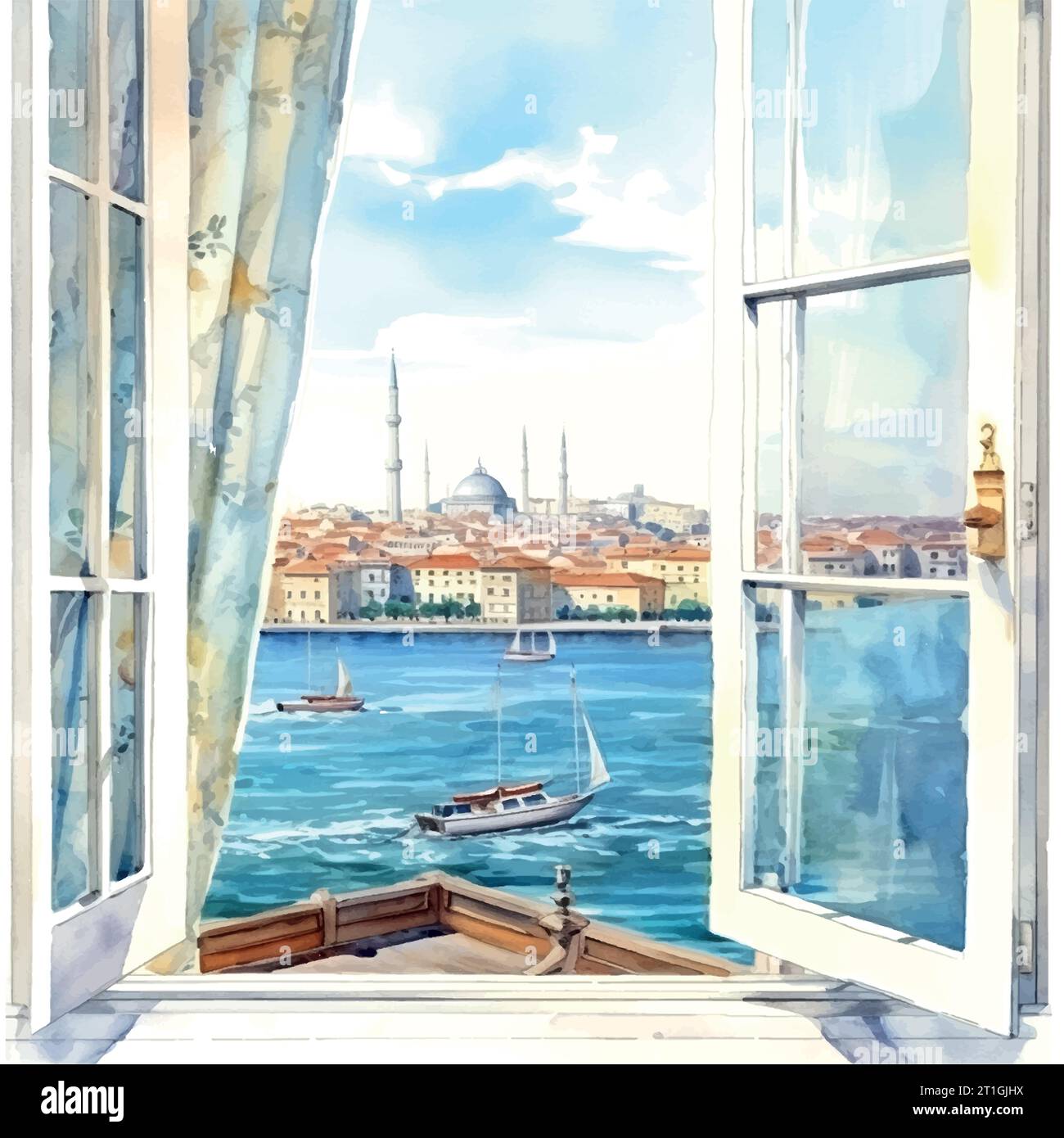 Window sea istanbul watercolor on white background Stock Vector Image ...
