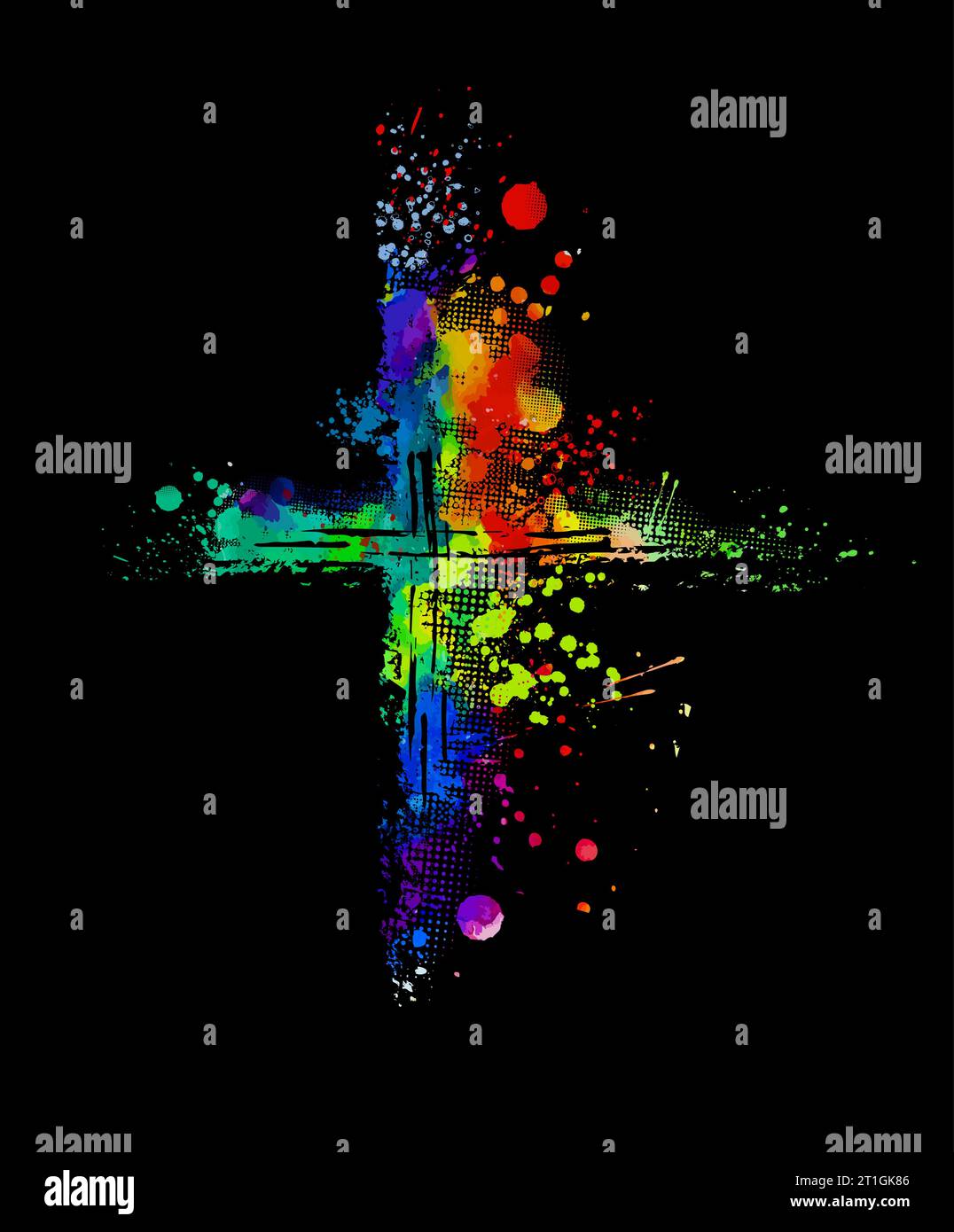 colored cross made of blots on a black background. Happy easter. hand ...