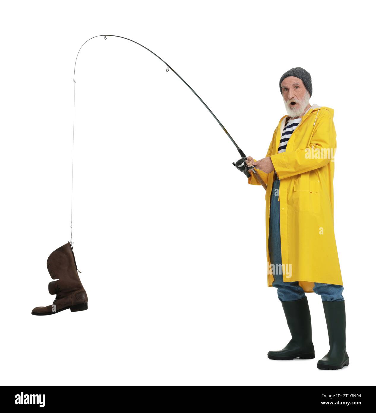 Shocked fisherman with rod and old boot isolated on white Stock Photo ...